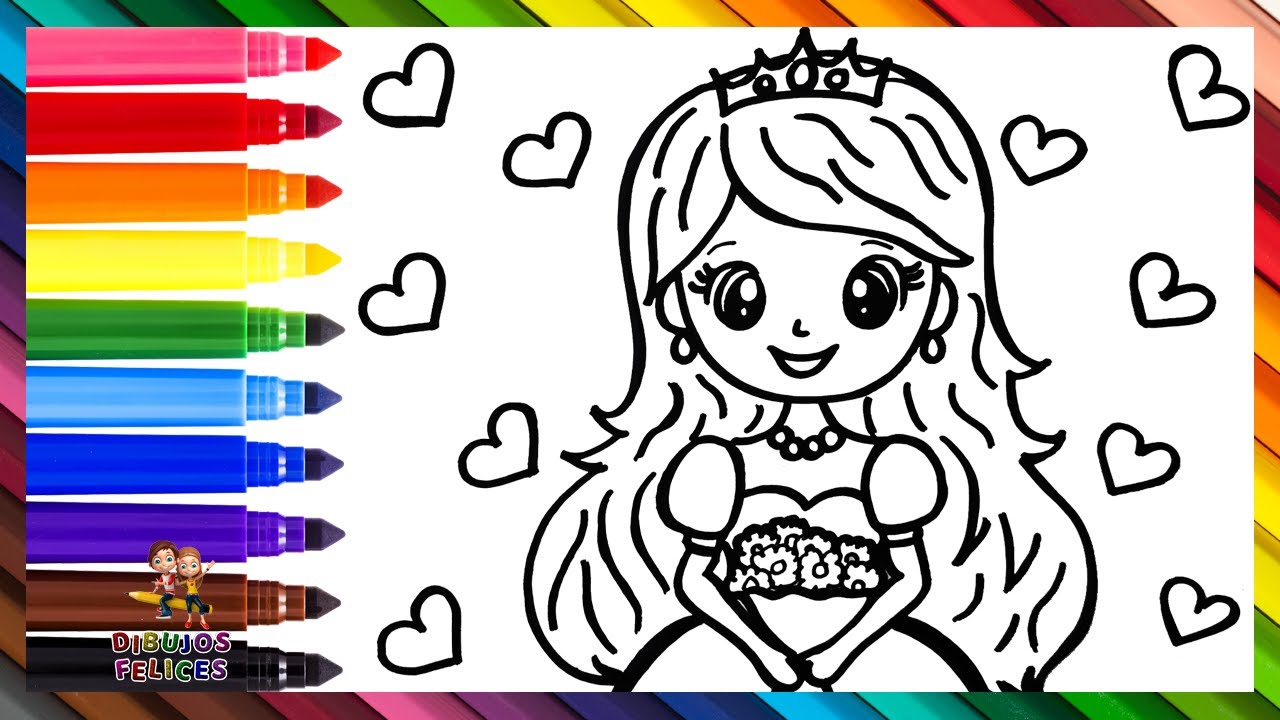 Dibuja y Colorea Una Princesa Con Flores 👸💐❤️🧡💛💚💙💜🌈 Dibujos Para Niños