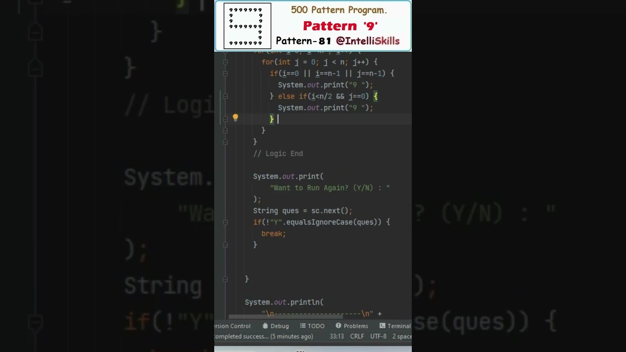 Java Pattern-81 | Print '9' | Java Pattern Programs #shorts #java #coding #icsecomputer