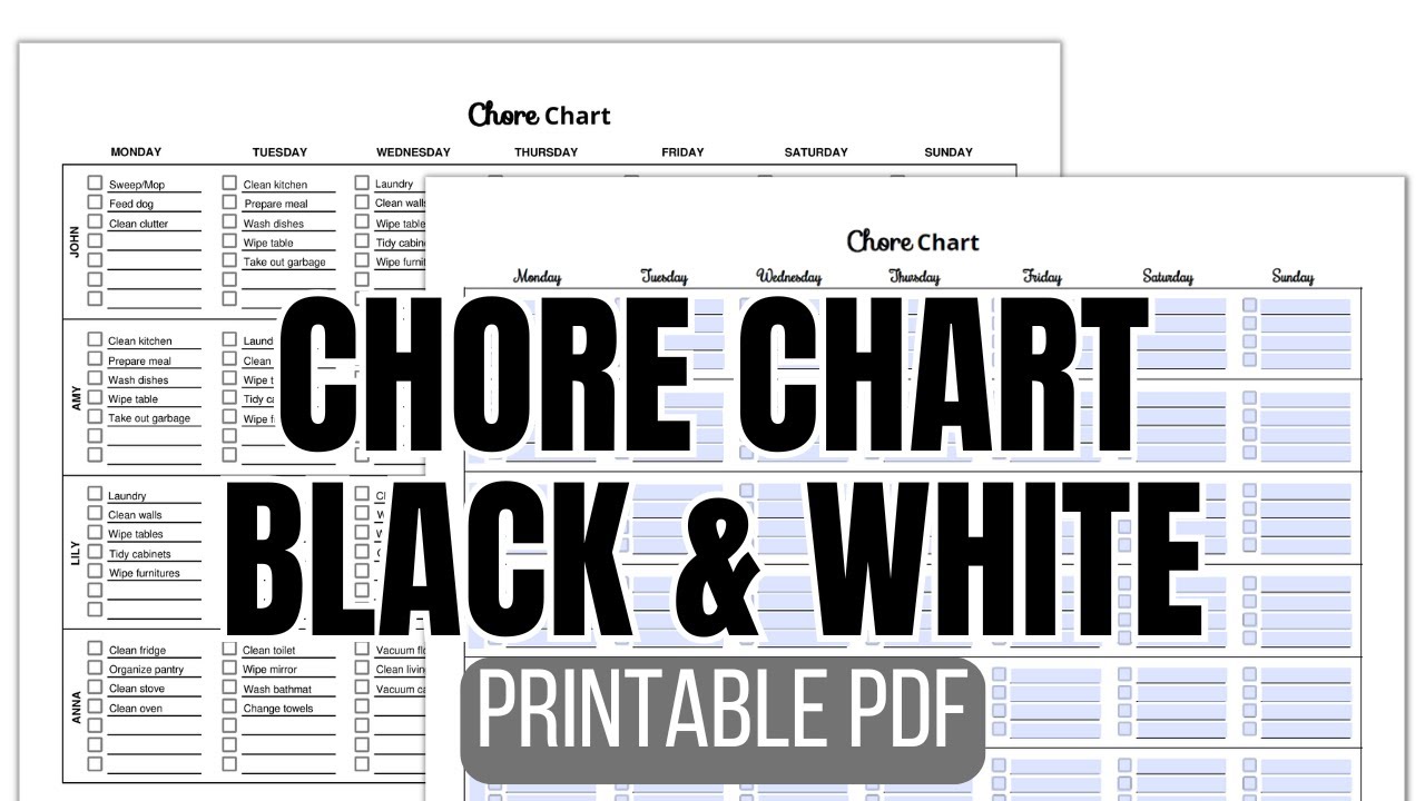 Chore Chart Printable Back and White (PDF)