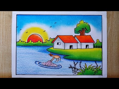 How to draw easy scenery drawing| Fisherman with Village scenery drawing| Village scenery drawing