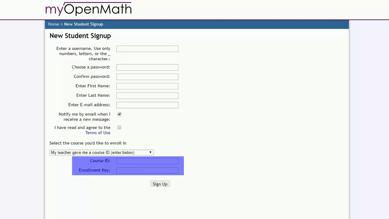 Registering for a MyOpenMath course