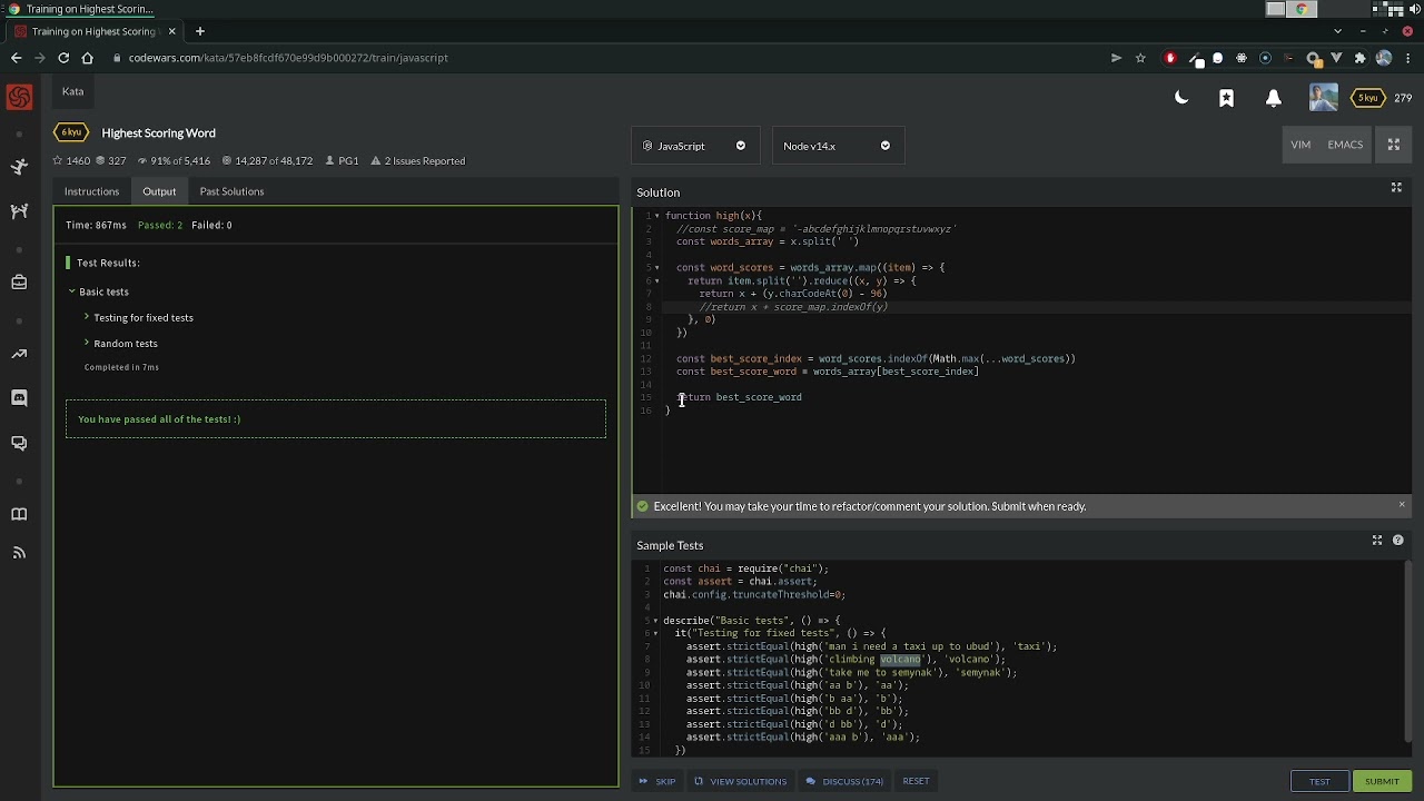 CodeWars - Fundamental - JavaScript - Highest Scoring Word - Part 2