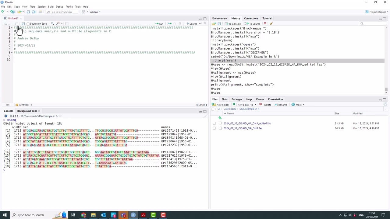 Creating a script file for msa and displaying the multiple alignment