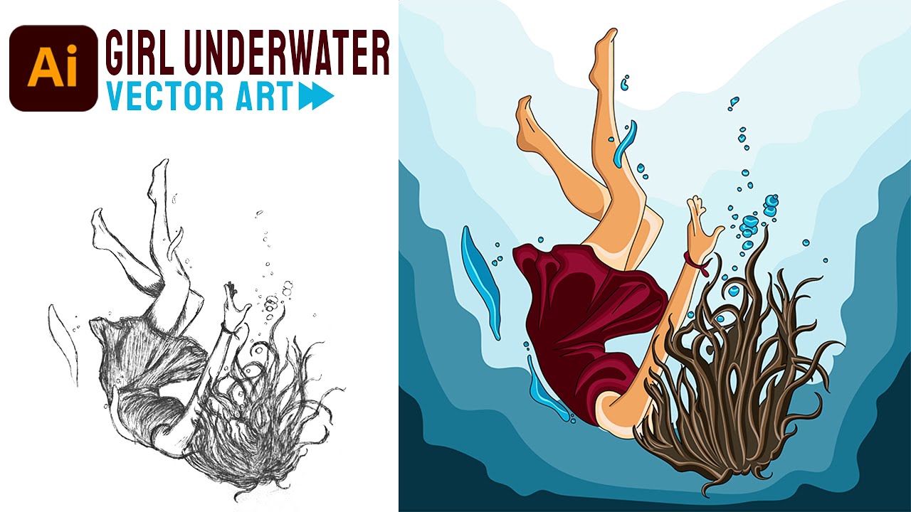 How To Draw Girl Underwater Vector Art - Adobe Illustrator 2022 Speed Art | CRAPHIX