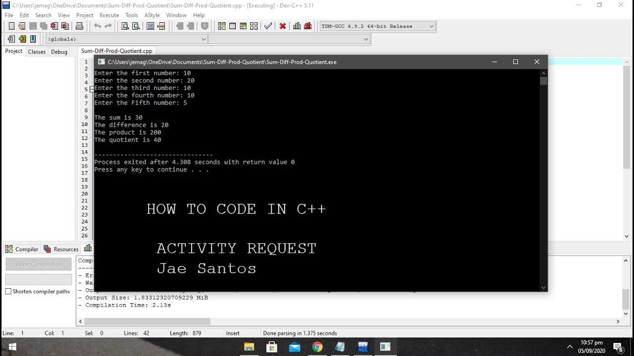Sum  Difference  Product Quotient | DevC++