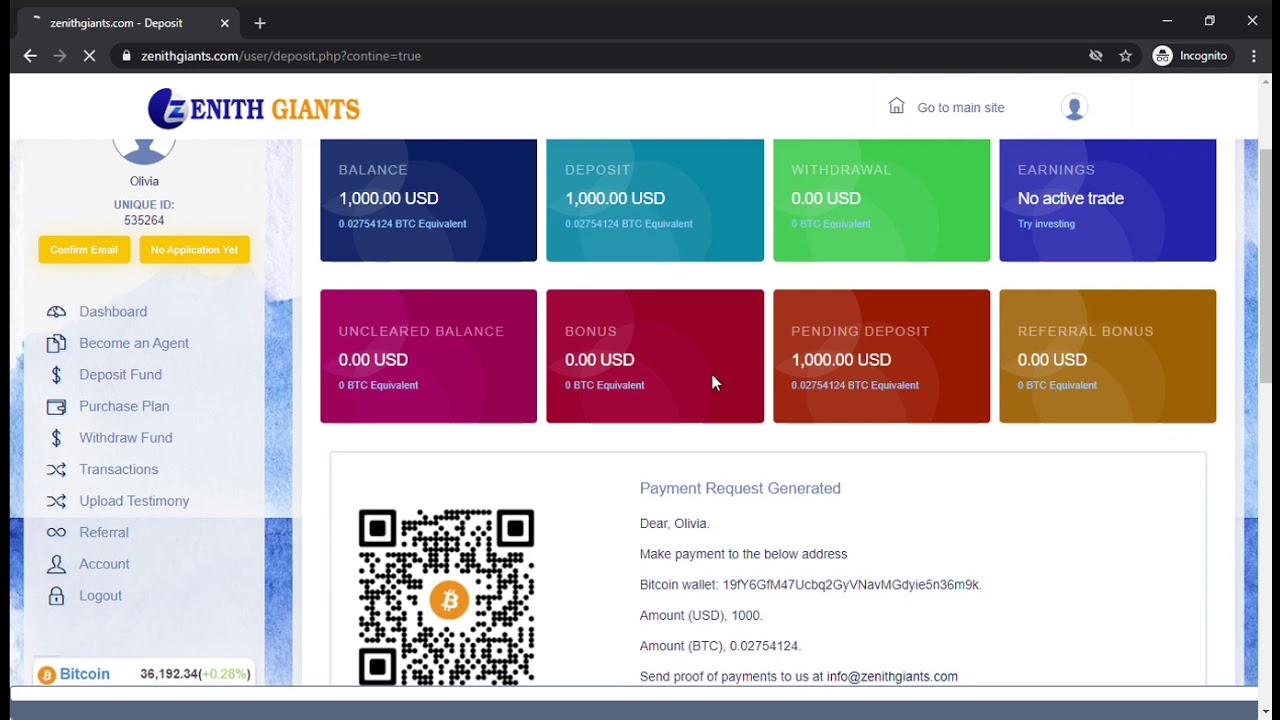How to deposit funds in your zenith giants dashboard for trading