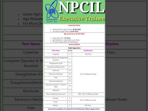 NPCIL Recruitment 2023 – Apply Online for 96 Trade Apprentice Posts//Trade Apprentice Vacancy 2023👍