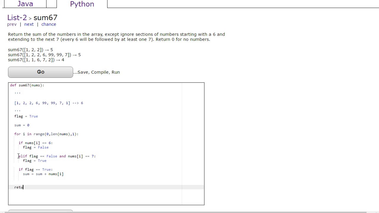 CodingBat - sum67 (Python - Lists2)