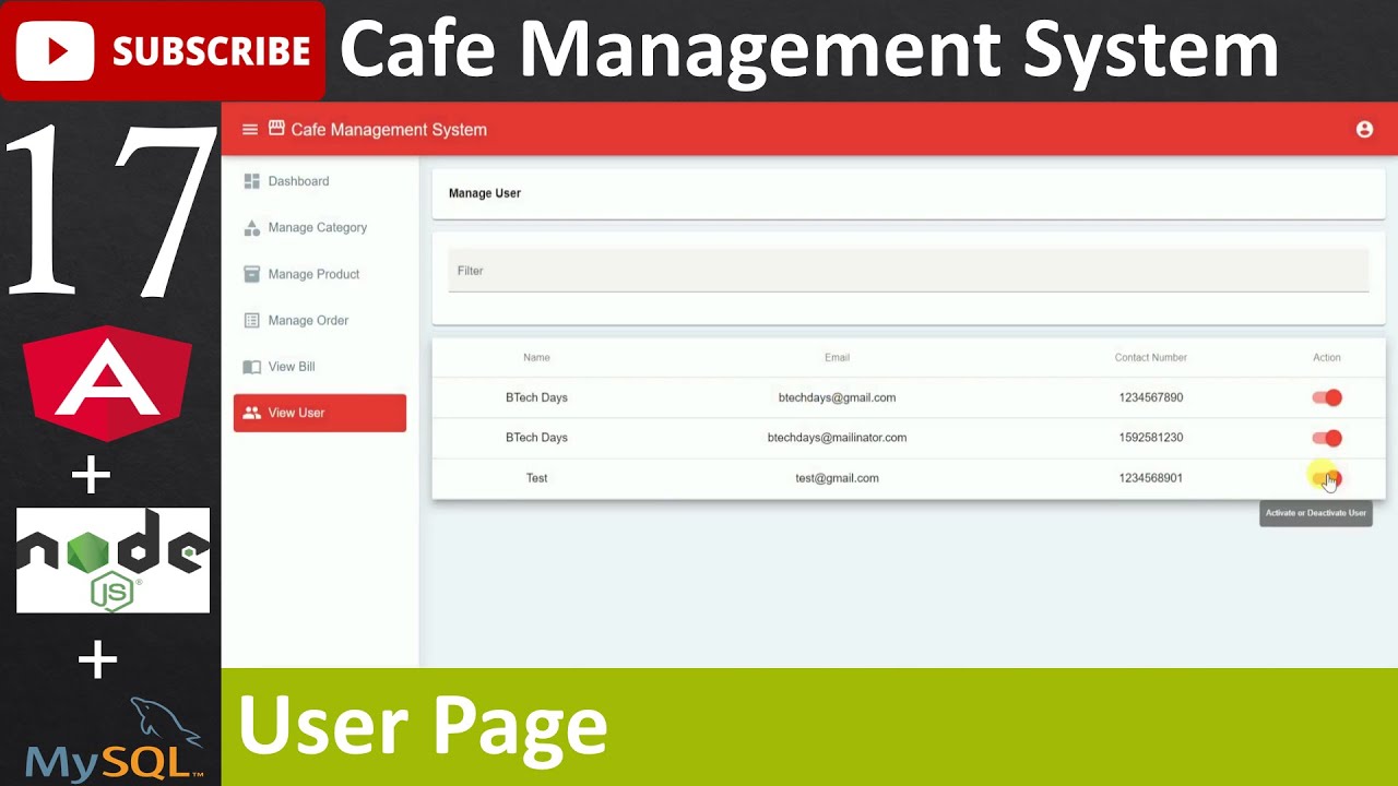 17. Cafe Management System - User Page (Angular, Node.js, MySQL Database)