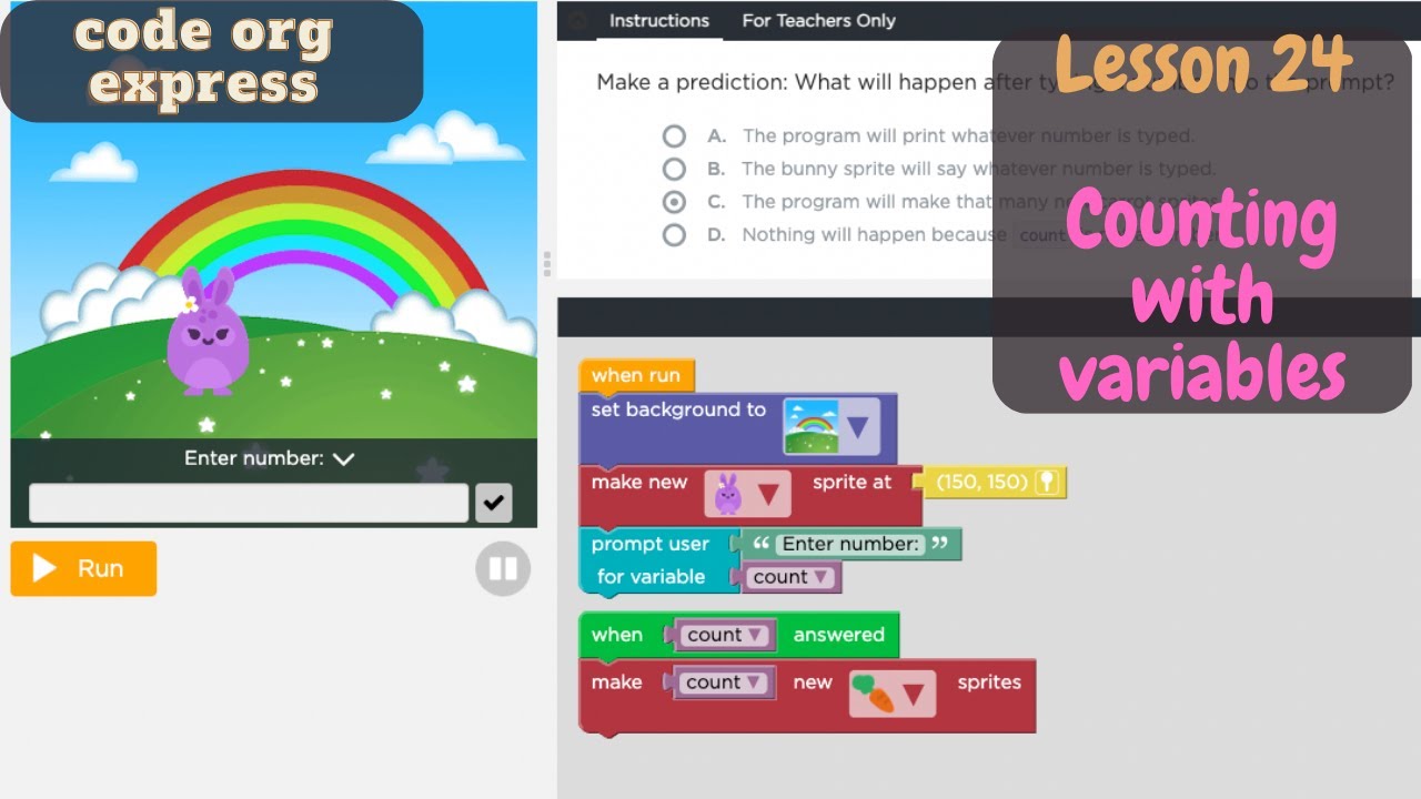 code org Express Course Lesson 24 Counting with Variables