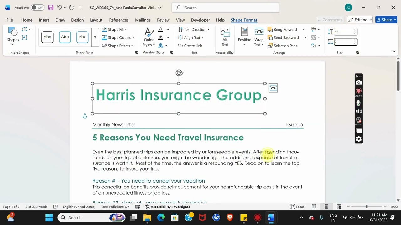 Shelly Cashman Word 365 | Module 7: SAM Project A Harris Insurance Group