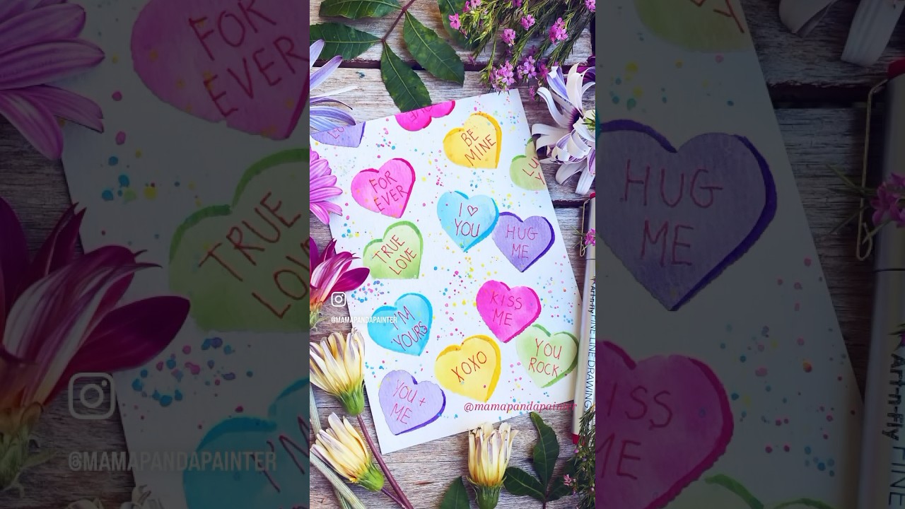 EASY 3D sweethearts candy hearts #valentinesdayart #art #watercolor #cardart