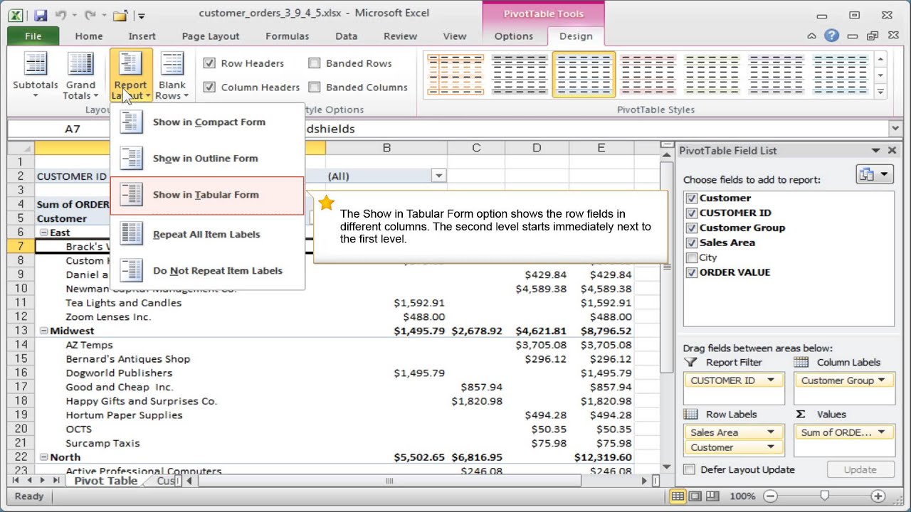 Excel report: Applying report layouts and styles