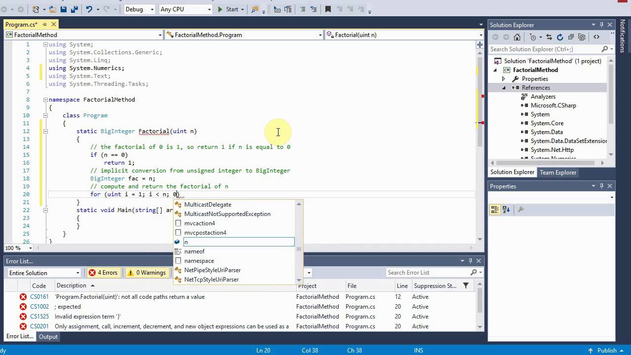 C# Tutorial: How to compute factorials using BigInteger