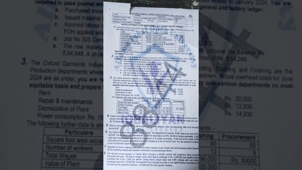 Cost accounting 462 5410  spring 2024 past paper #aiou