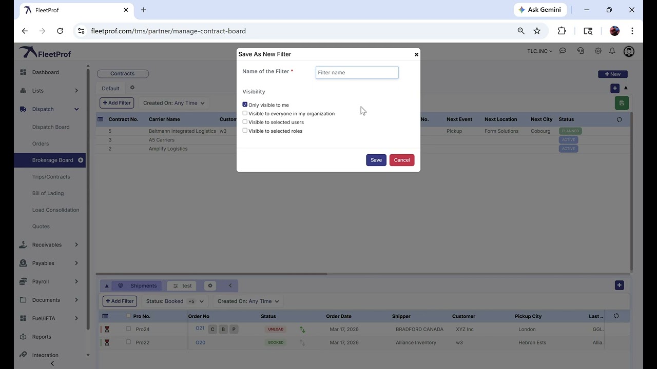 Fleetprof TMS Trucking Dispatch System: Brokerage board features