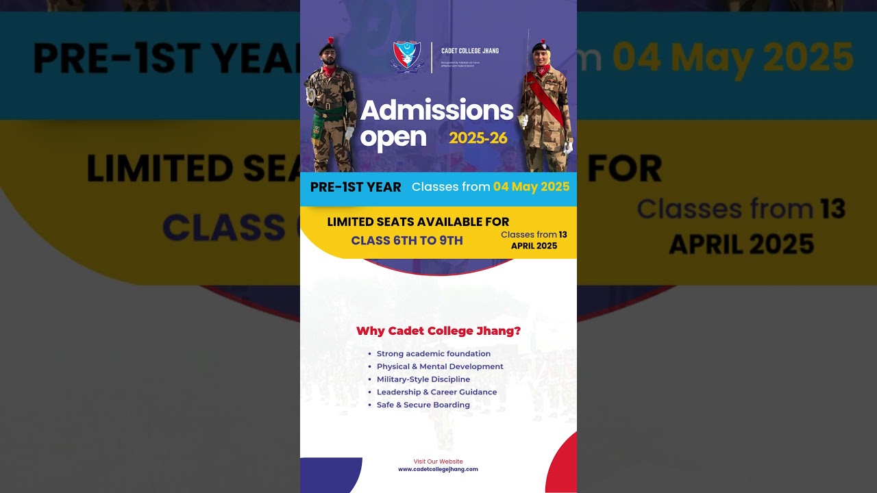 🏅 ADMISSIONS OPEN 2025-26 – Cadet College Jhang for Boys & Girls! 🎓   #students #school