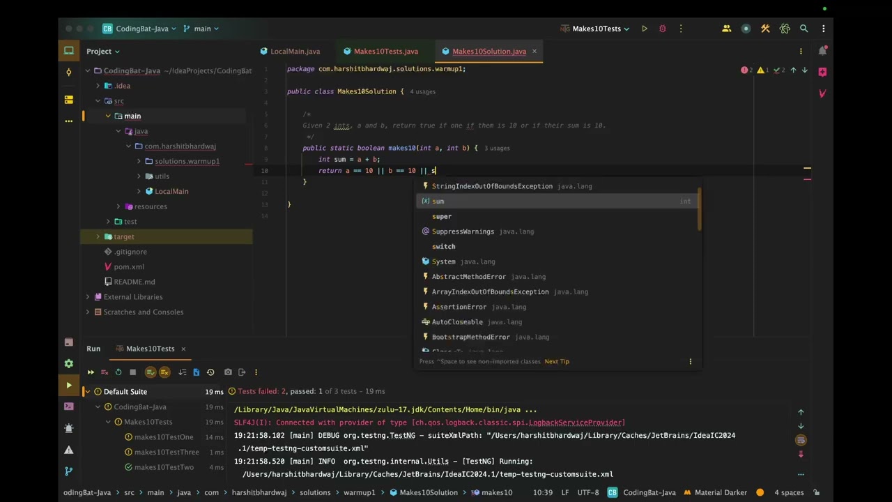 CodingBat Java | Warmup-1 Section | makes10 Problem