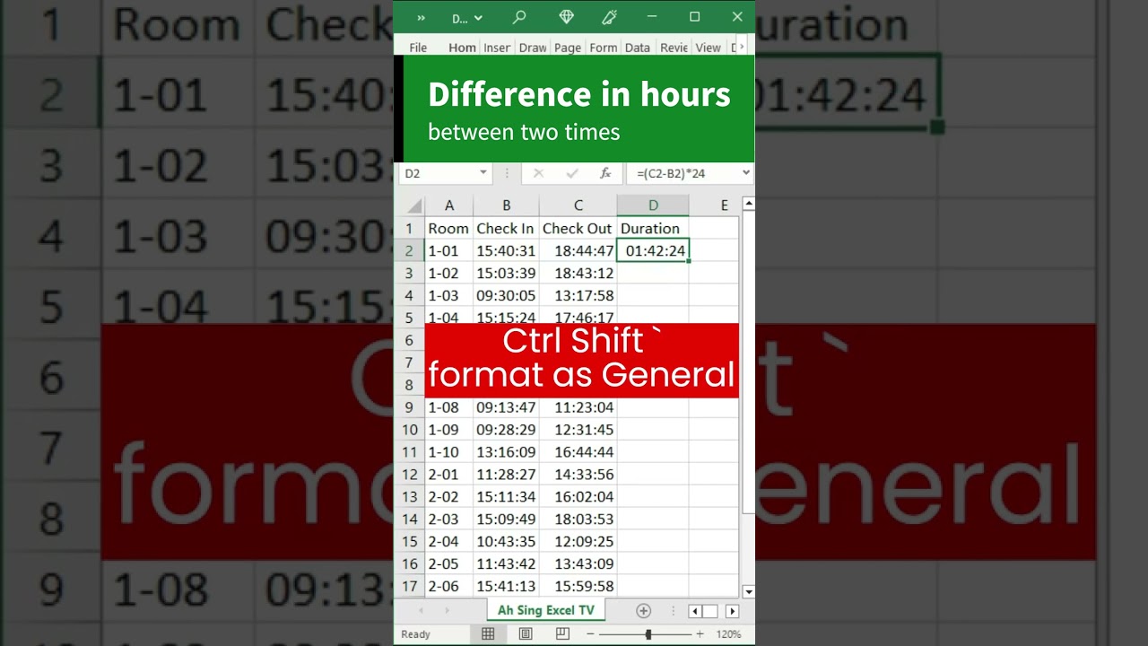 Difference in hours between two times in Excel