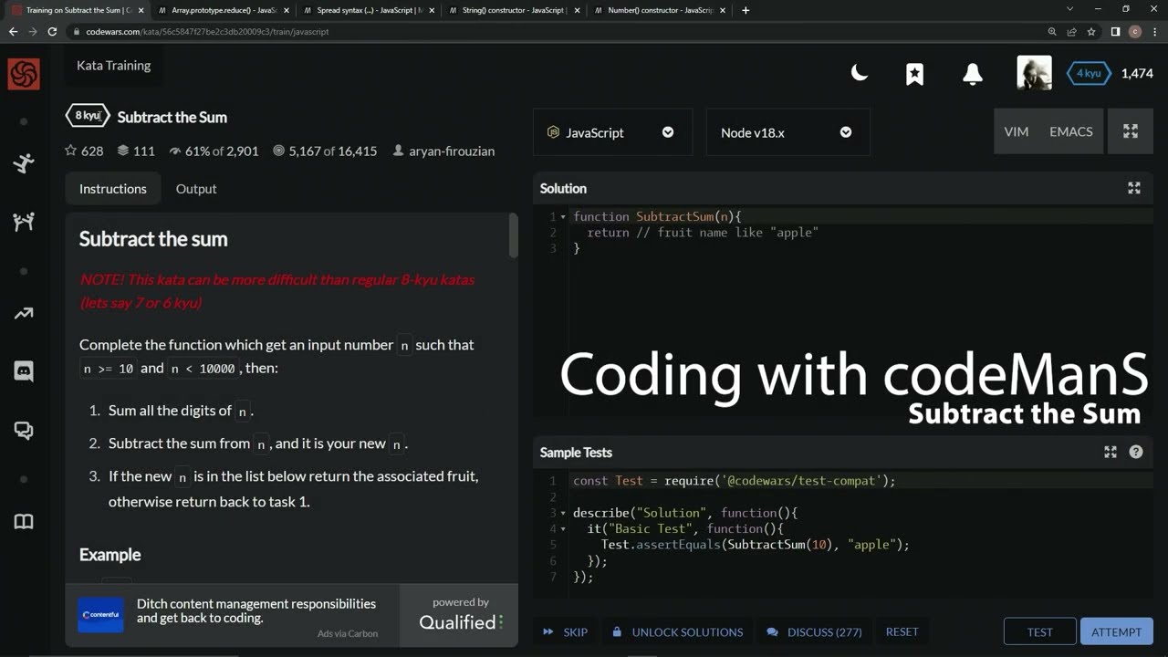Codewars 8 kyu Subtract the Sum Javascript