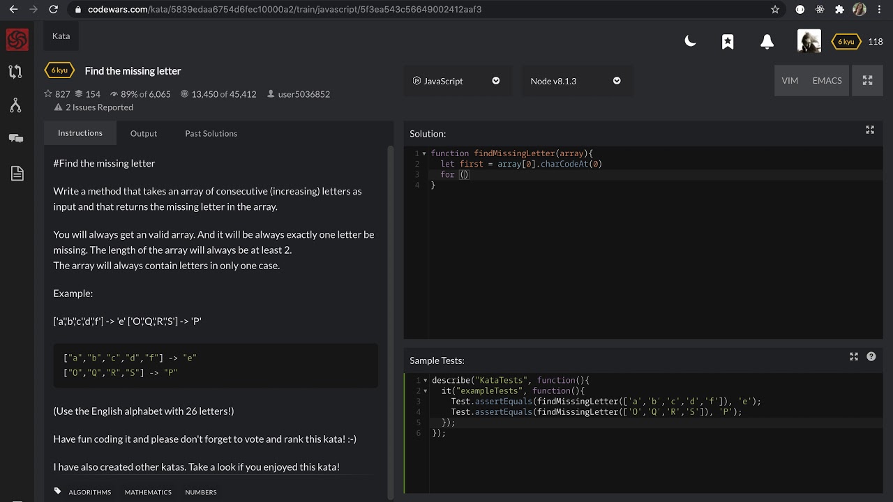 CodeWars || Find the missing letter || JavaScript || Code Challenge