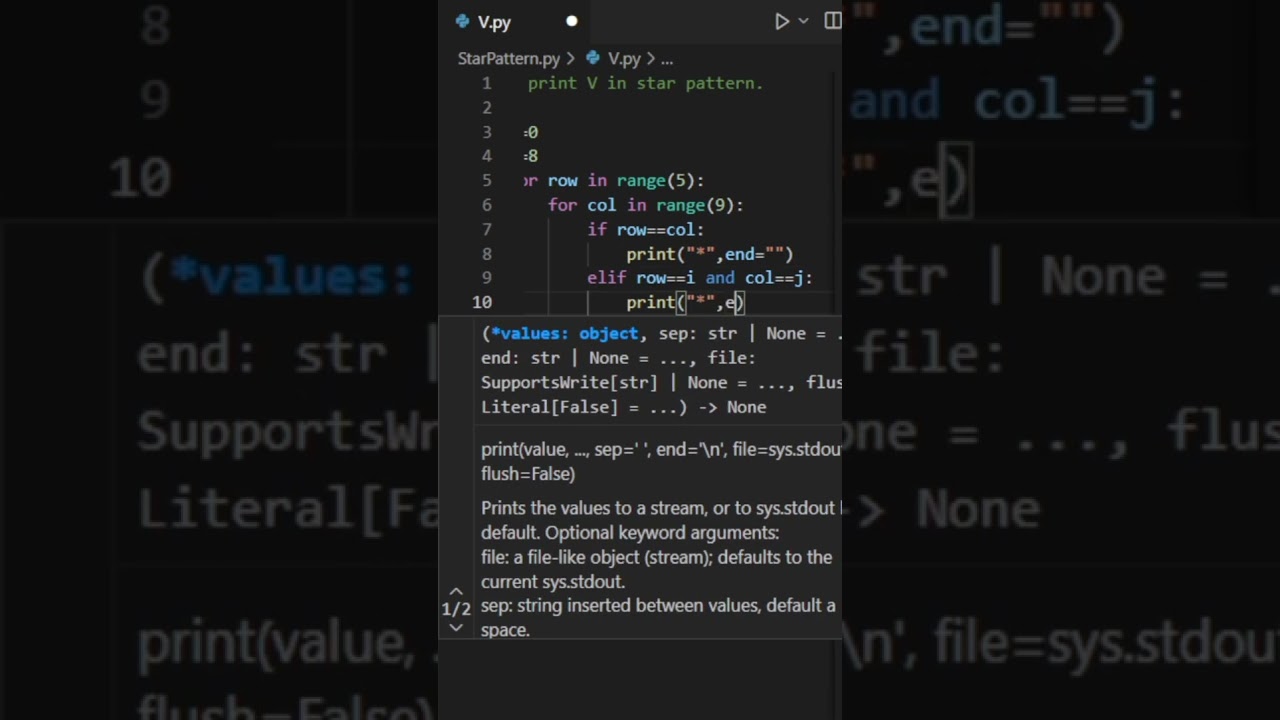 Print Pattern ' V'  Star Pattern || Python Nested loop. # Python #shorts # loop