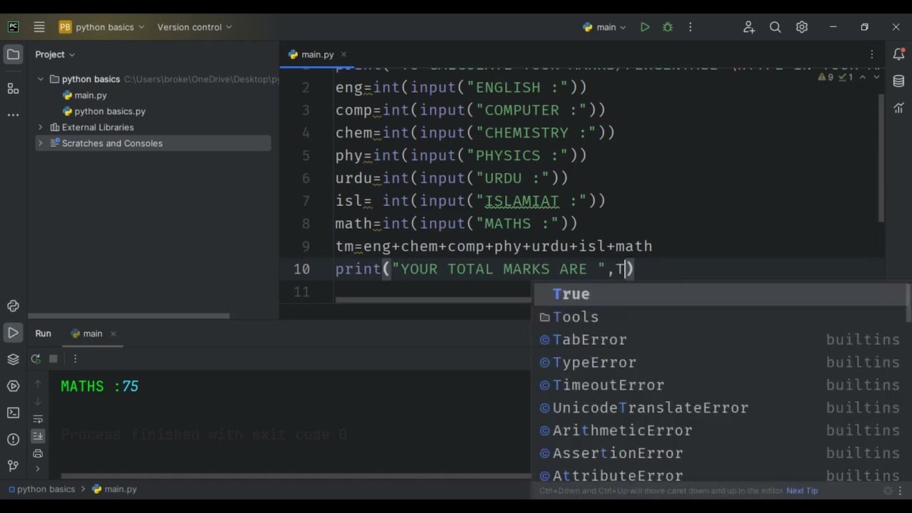 How to create a marksheet program in python