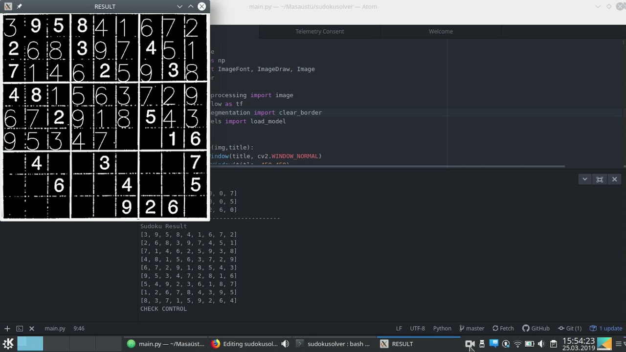 Sudoku solution using Python and opencv