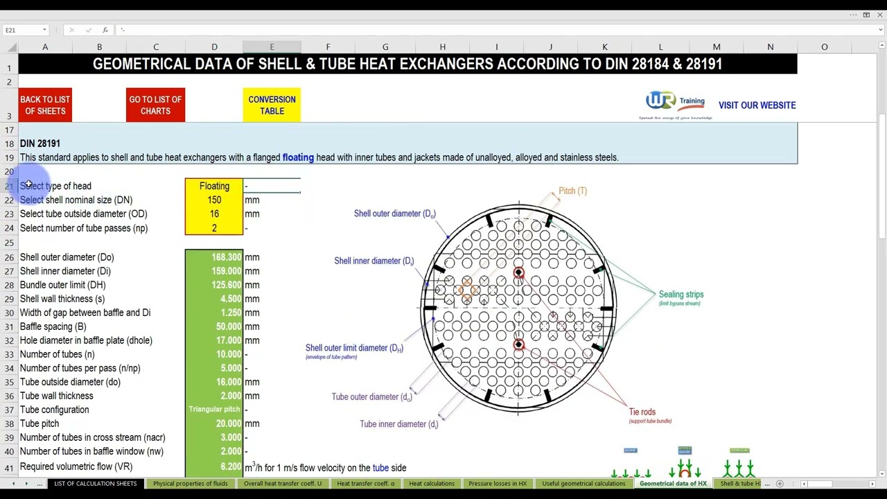 Heat Exchangers Design & Calculation Excel Spreadsheet - Heat Transfer Equipment by WR Training