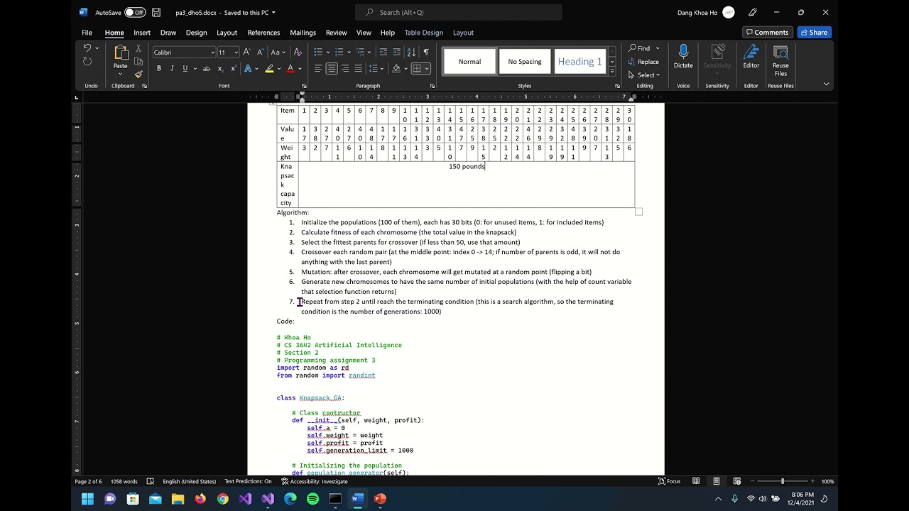 Assignment #3 Presentation. Artificial Intelligence. Knapsack problem using Genetic Algorithm