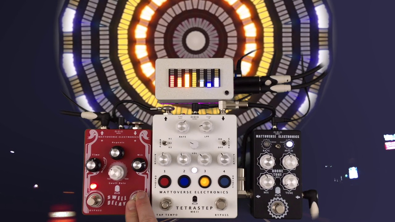 A trio of Mattoverse Electronics pedals into the Dr. Scientist Spectrum Analyzer