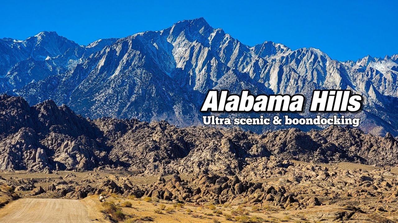 [4K] Snow-covered Sierra Nevada Mountains & Rock formations. Alabama Hills, Lone Pine, California.