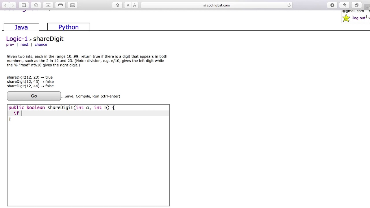Logic 1 shareDigit Java Tutorial || codingbat com