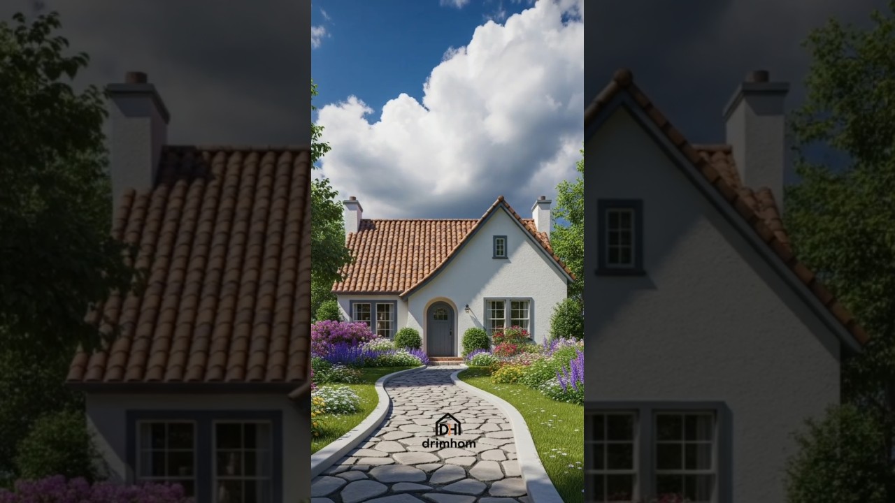 Dream Home Oasis: Modern White House, Red Roof & Lush Garden