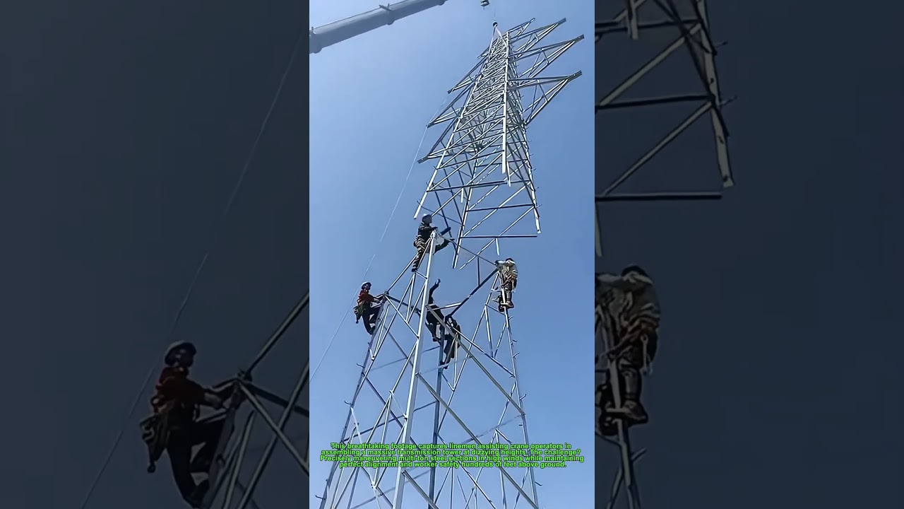 Transmission Tower Assembly | Aerial Structural Installation | High-Altitude Power Line Construction