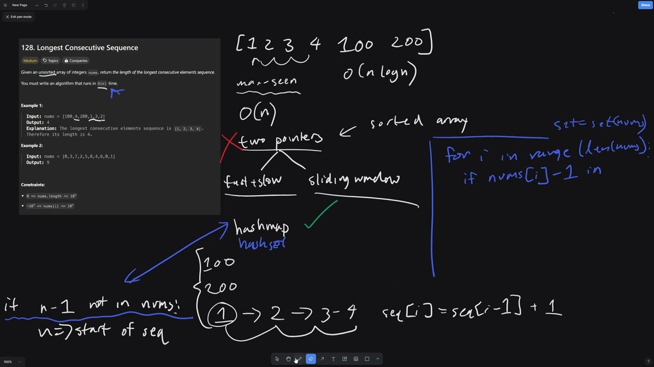 Leetcode 128 - Longest Consecutive Sequence - Python (Hashmap)