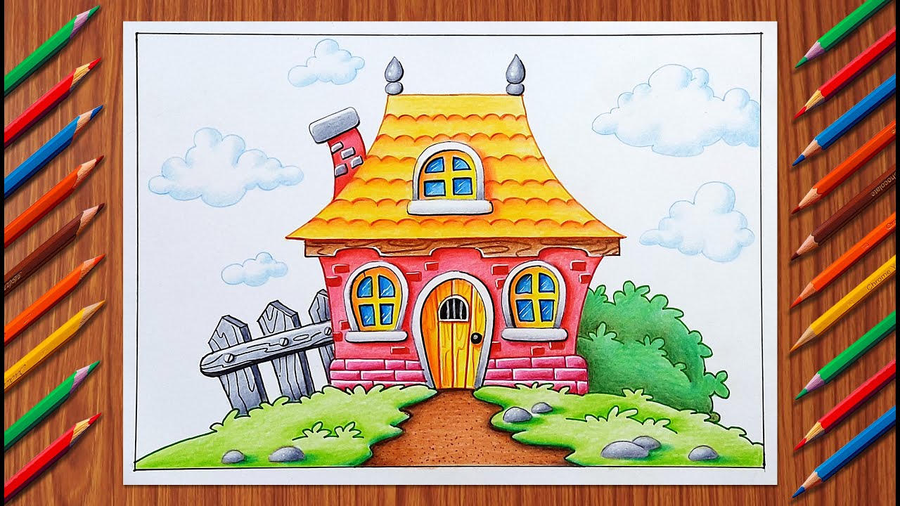 My dream house drawing/house colour pencil shading/scenary/house drawing/scenary drawing