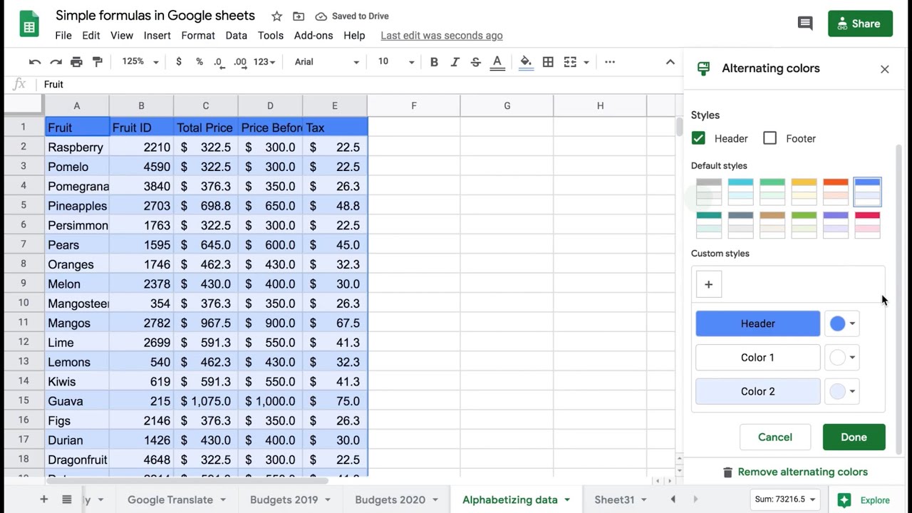 Alternating Colors in Google Sheets