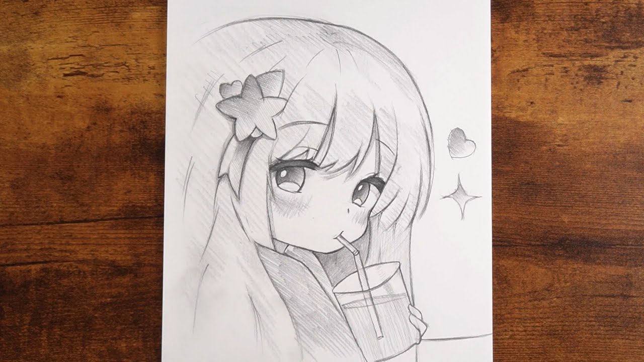 How to Draw a CUTE Anime Girl Drinking - Easy Pencil Sketch Tutorial