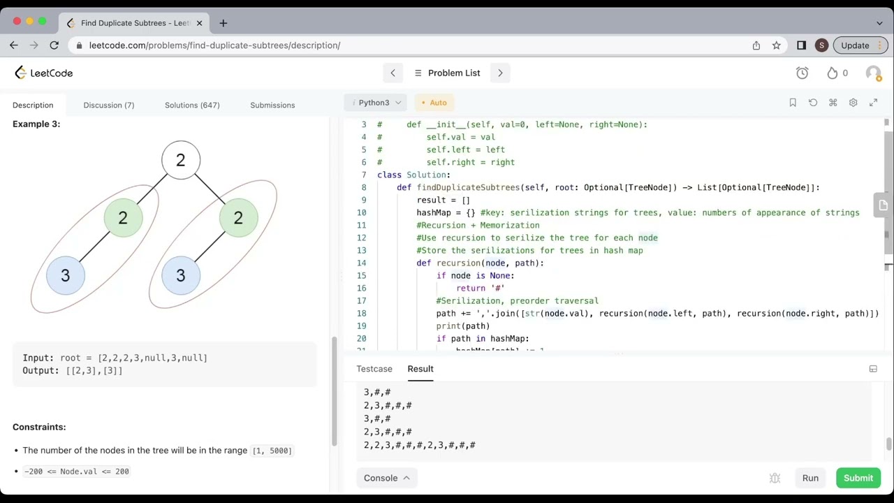 LeetCode 652: Find Duplicate Subtrees (Python recursion memorization)