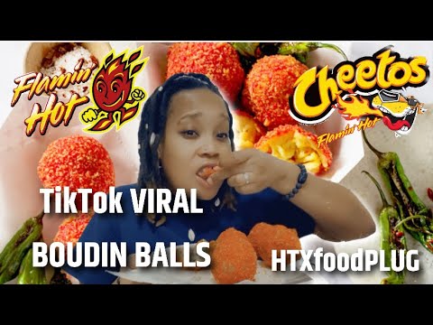 FLAMIN HOT CHEETO BOUDIN BALLS COOKING REVIEW VIDEO htxfoodplug #htx #mukbang #flaminhotcheetos