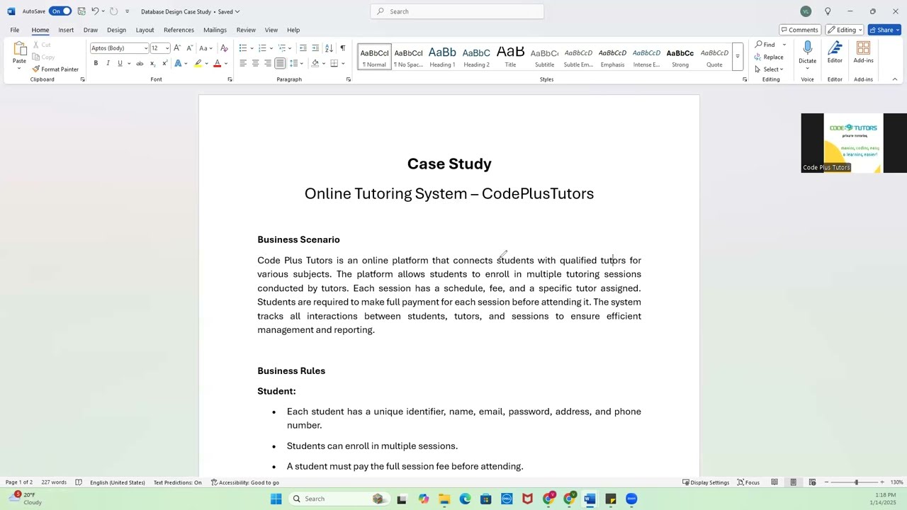 Case Study for Database Design: Online Tutoring Platform - CodePlusTutors (Part 1)