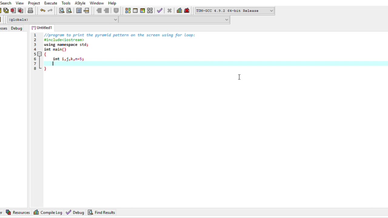 C++: program to display the Pyramid pattern on screen using for loop.