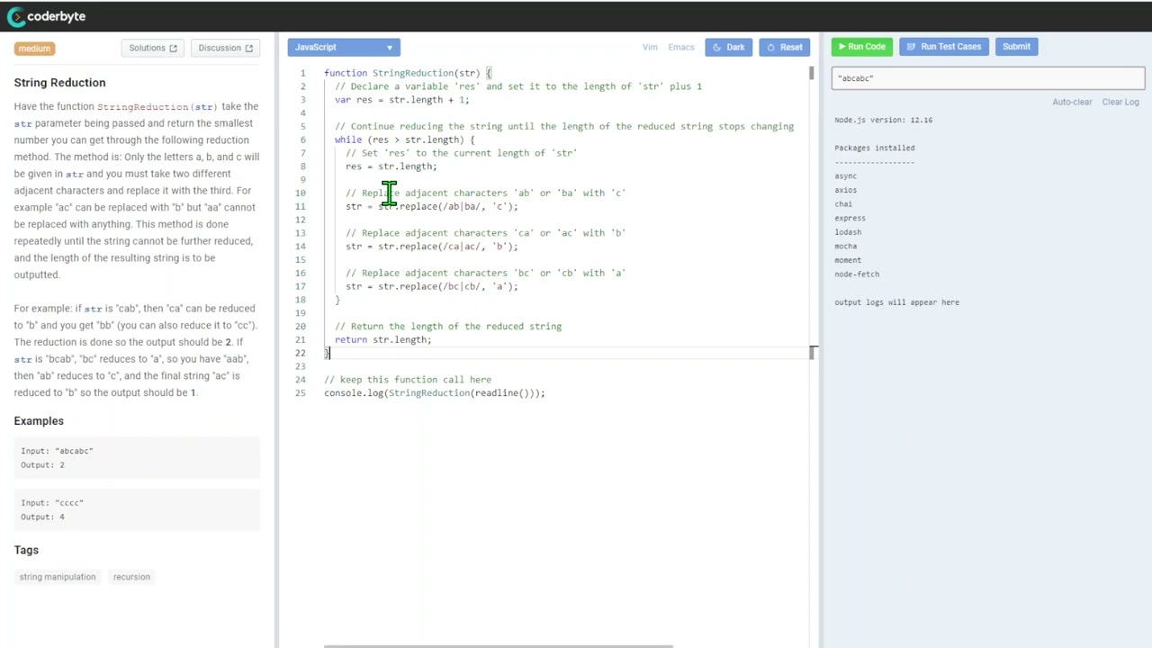 String Reduction - Interview assessment Coderbyte - Code challenge - Solution Source Code Answers