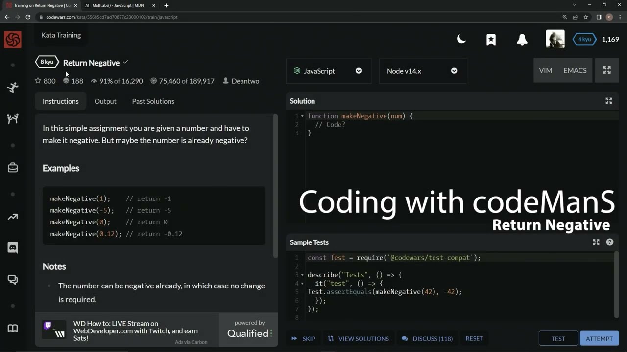 Codewars 8 kyu Return Negative Javascript