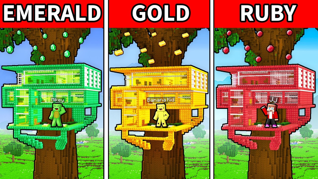 JJ vs Mikey vs Banana Kid: TREE BASE BATTLE in Minecraft...