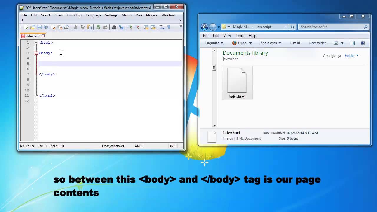 Javascript lesson 1 - setting up editing environment, printing string to page