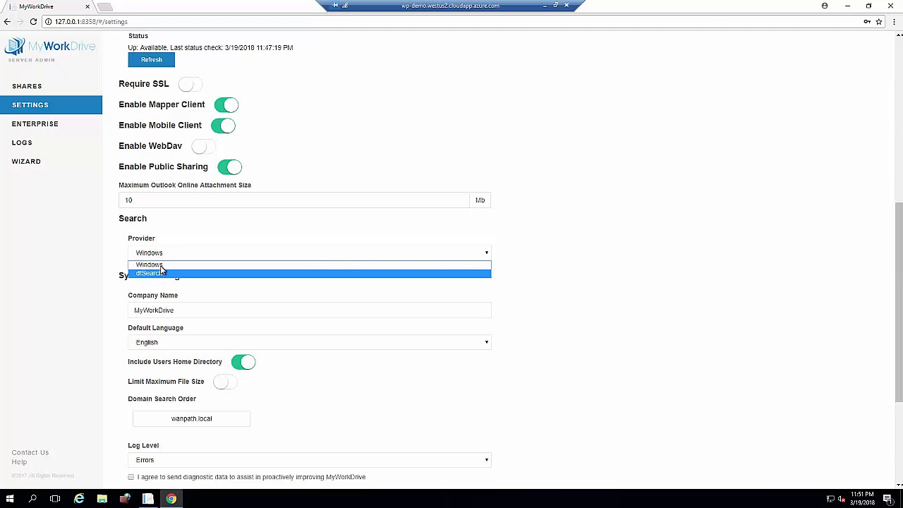 MyWorkDrive Server Admin Panel Overview
