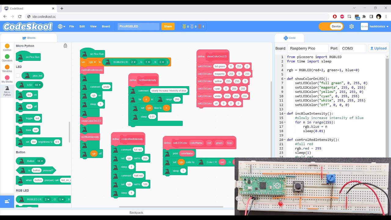 Raspberry Pico MicroPython Programming in CodeSkool Scratch using PicoZero library