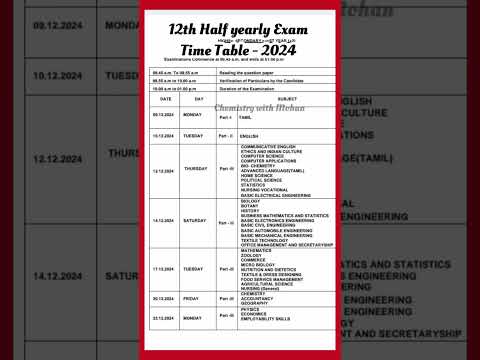 12th Standard Half yearly Exam Time Table - 2024 - 25 #12thchemistry #timetable #shortvideo #2024